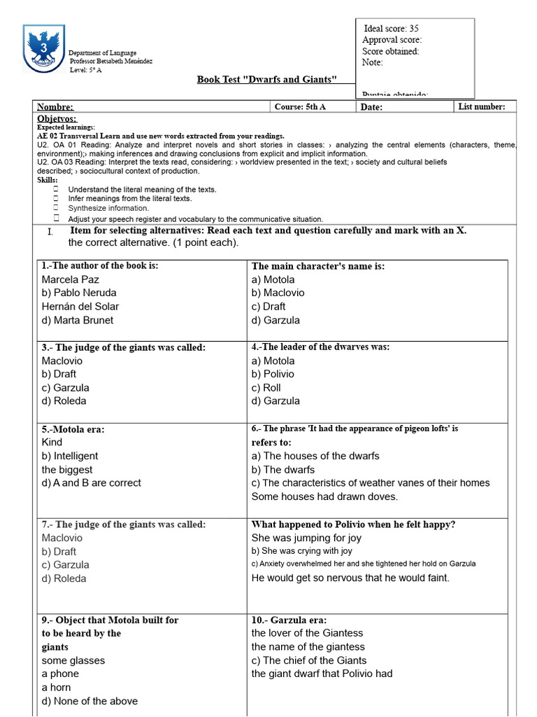 Test Book Dwarfs and Giants 5 Basic | PDF | Vocabulary | Psychological ...