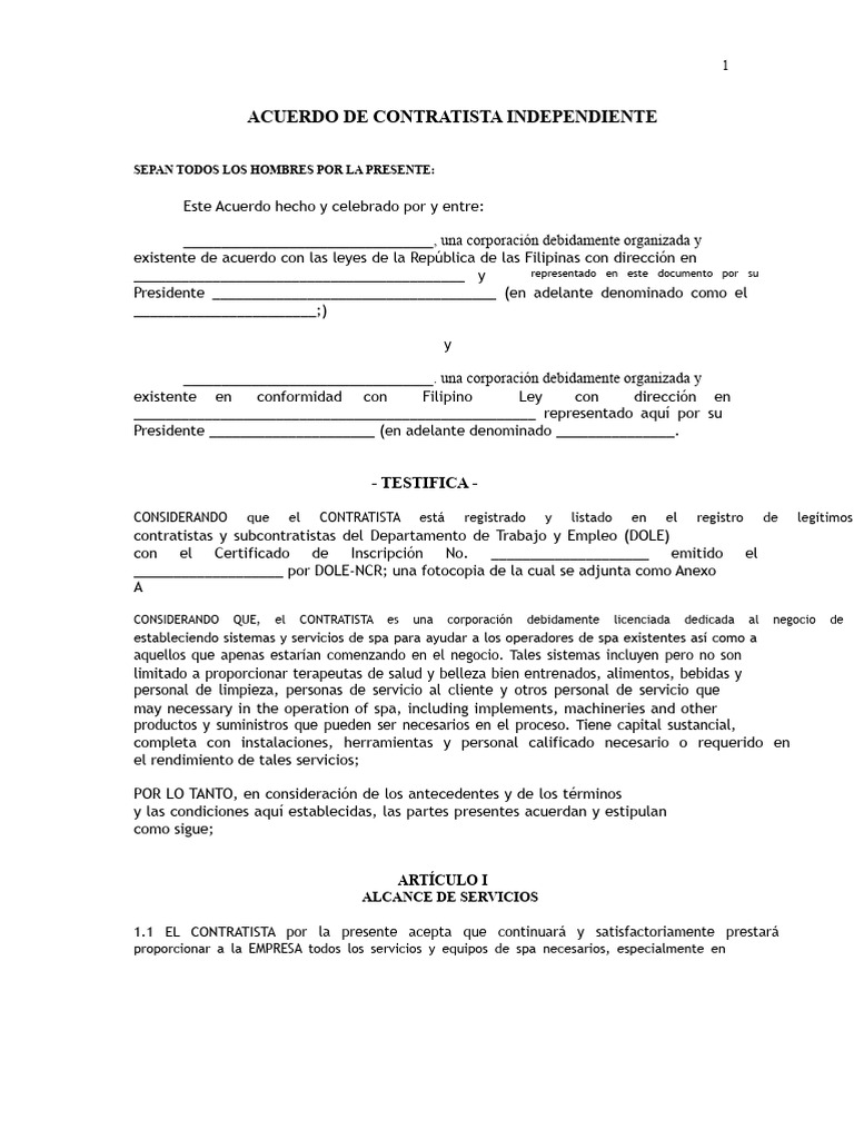 Acuerdo de Contratista Independiente para Spa | PDF | Business ...