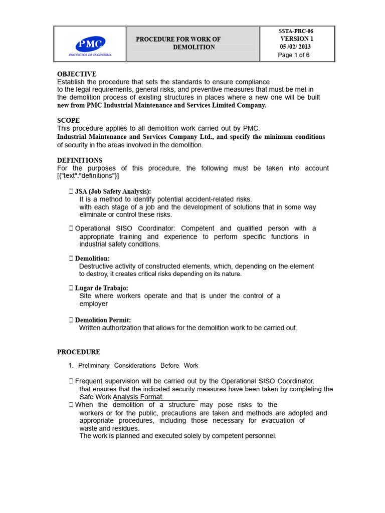 Demolition Work Procedure Guidelines | PDF | Demolition | Safety