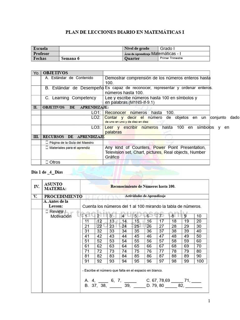 Lecciones Diarias de Matemáticas para Grado I | PDF