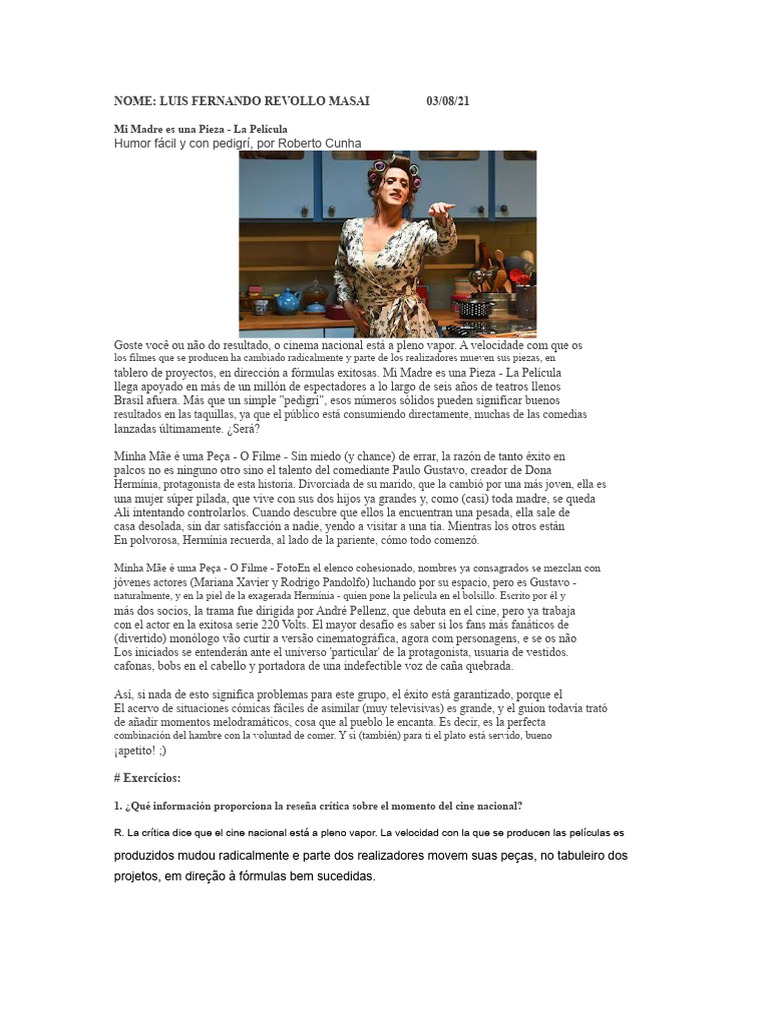 ACTIVIDAD PELÍCULA Mi Mamá es una Pieza (1) | PDF