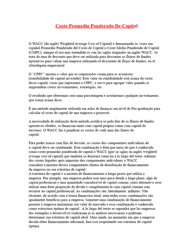Custo Médio Ponderado de Capital (WACC) | PDF | Custo de capital | Comércio