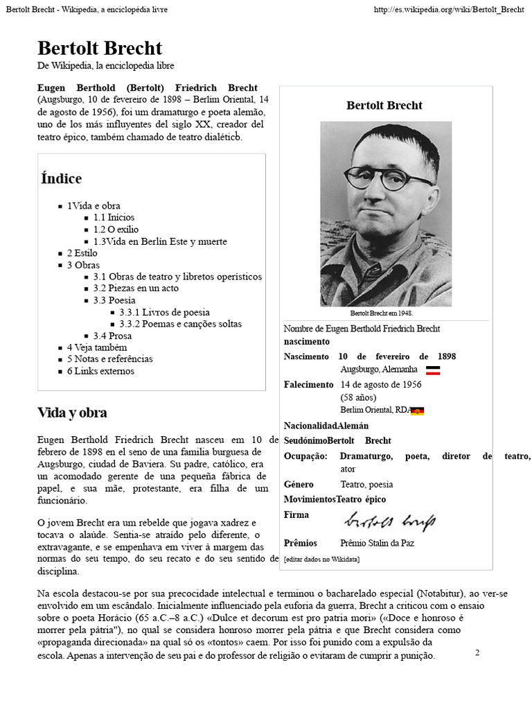Bertolt Brecht - Wikipédia, A Enciclopédia Livre | PDF | Estética ...