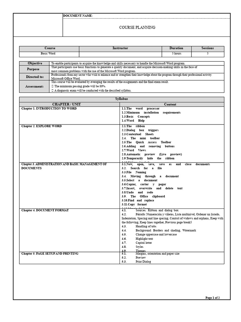 Course Planning - Basic Word | PDF | Microsoft Word | Software
