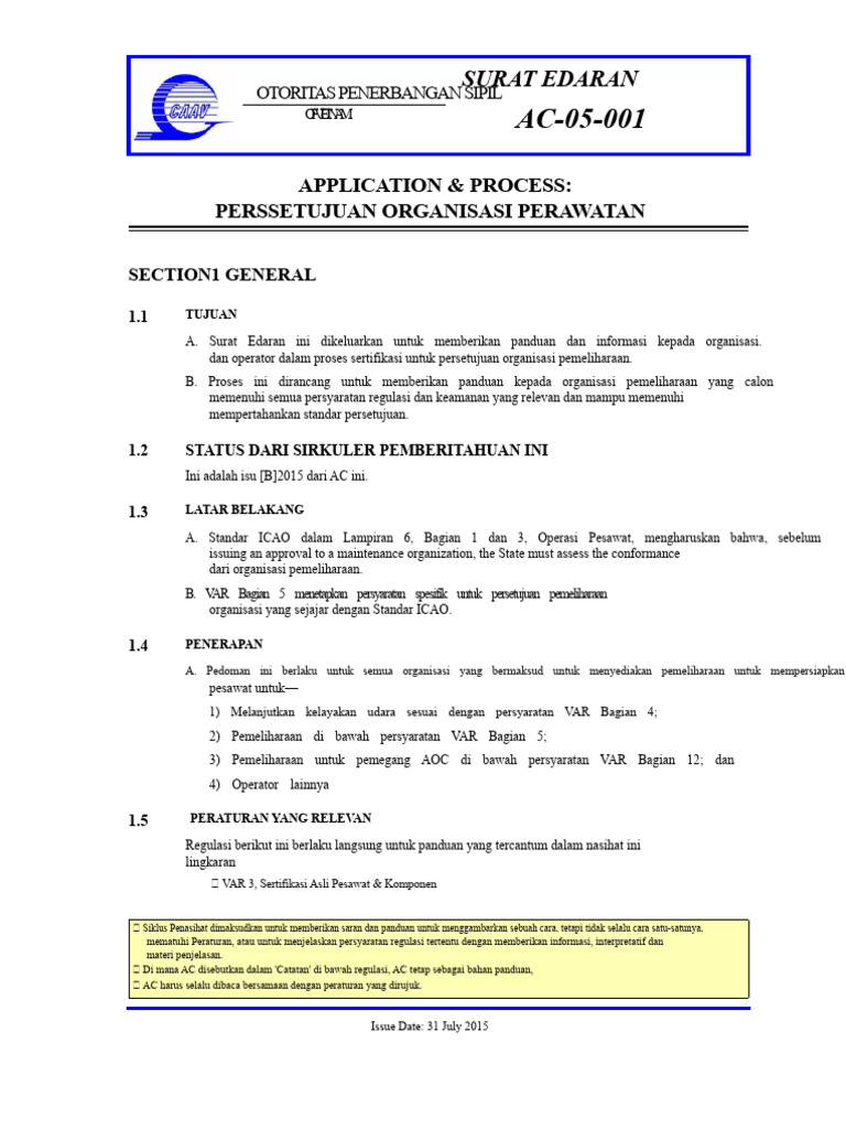 Sertifikasi AMO AC 05001 CAAV B20151 | PDF