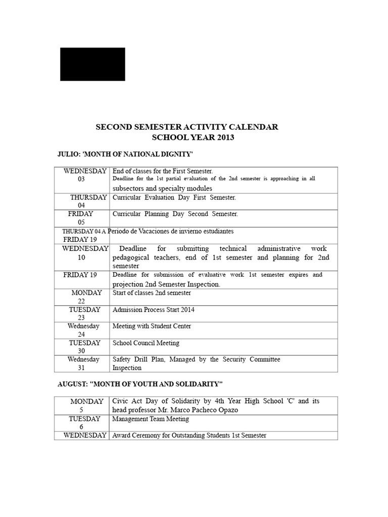 SCHOOL CALENDAR EXAMPLE II Semester 2013 | PDF | Academic Term ...