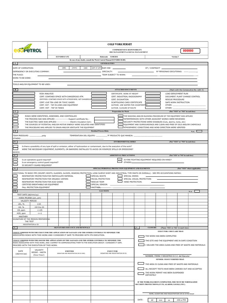 Ecp-dhs-f-152 Cold Work Permit Format | PDF | Personal Protective ...