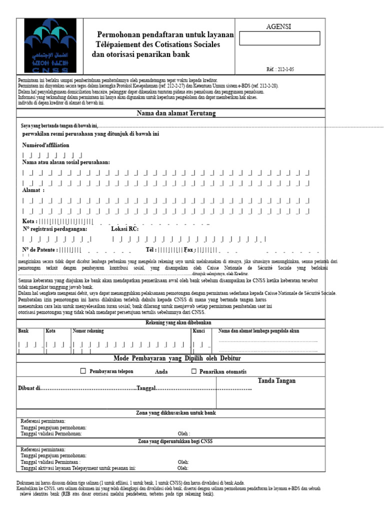 Permohonan pendaftaran di Sce d Télépaiement CNSS | PDF