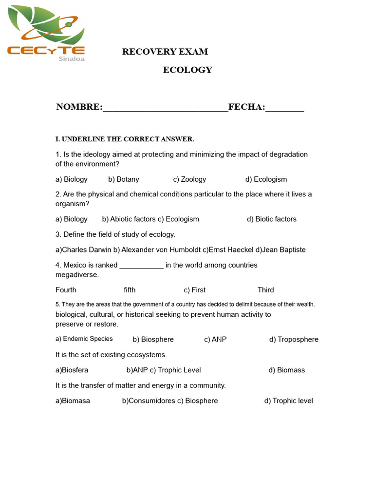 High School Ecology Exam | PDF | Ecology | Ecosystem