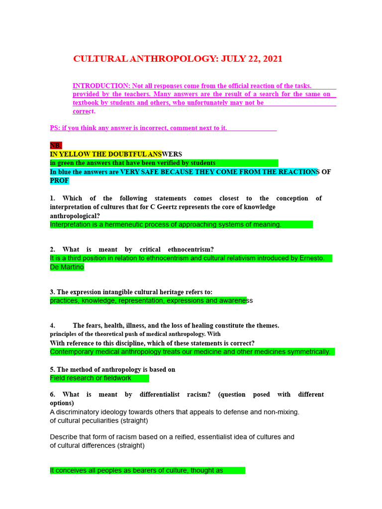 Cultural Anthropology Questions | PDF | Anthropology | Cultural ...
