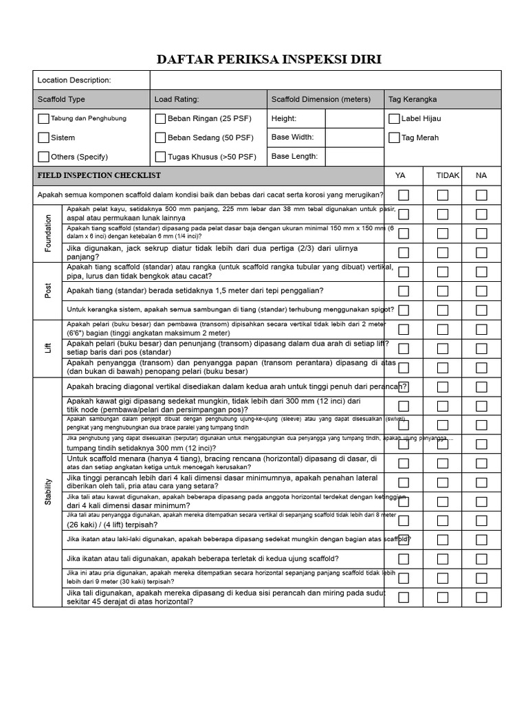 Daftar Periksa Inspeksi Skafolding | PDF
