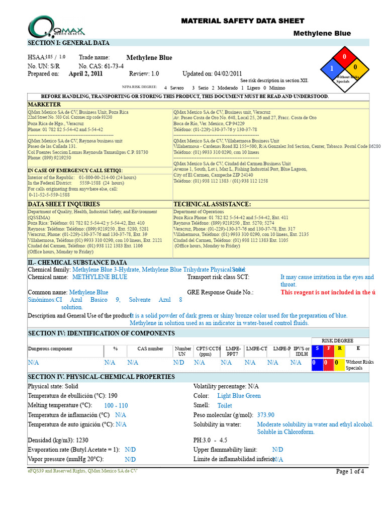 Methylene Blue - Hds Format 13 Sections, Qmax | PDF | Dangerous Goods | Oxide