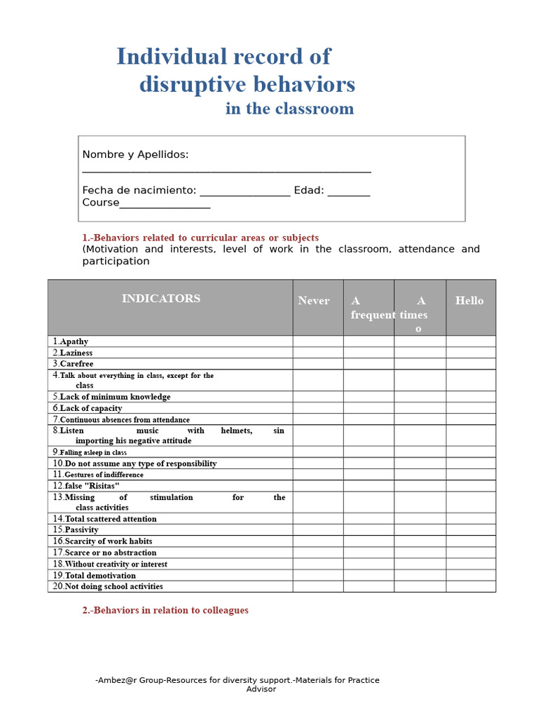 Individual Record of Disruptive Behaviors in The Classroom | PDF ...