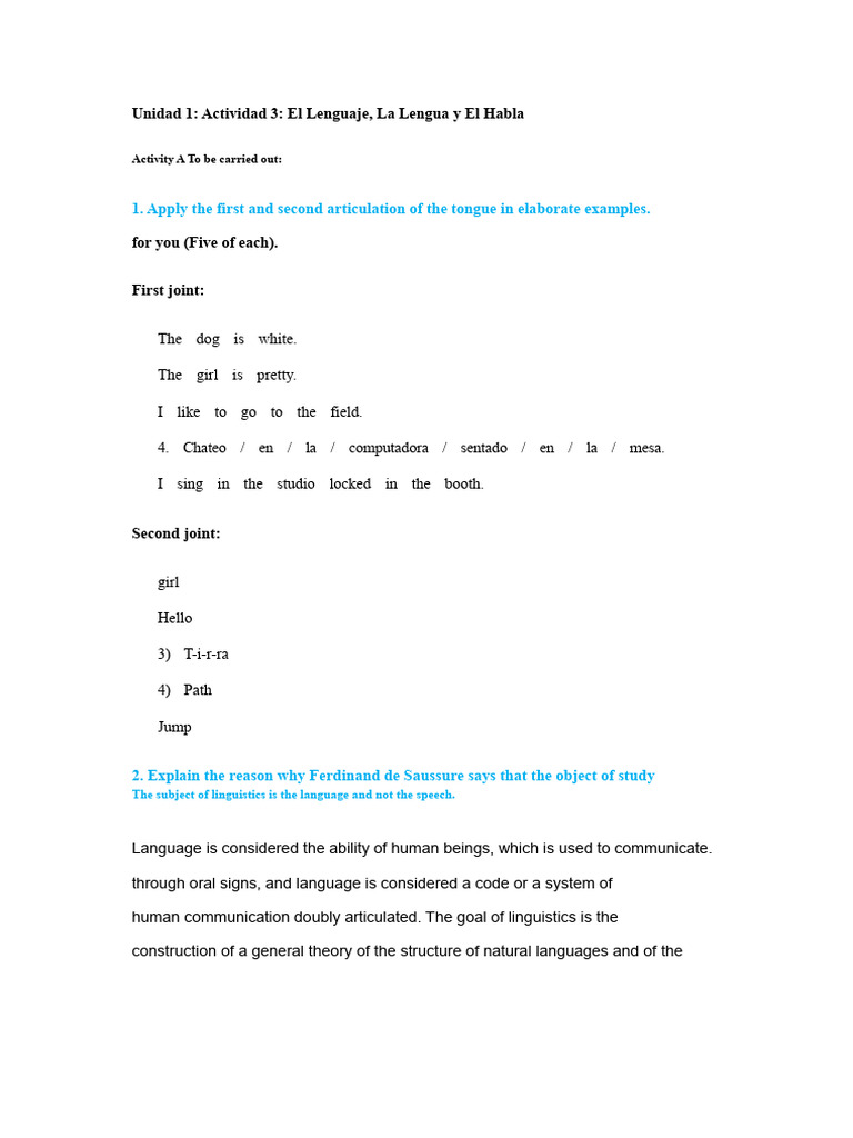 Unit 1. Activity 3. Language, The Tongue and Speech - Tavarez Marleny | PDF