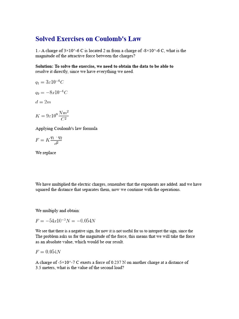 Coulomb's Law Exercises and Solutions | PDF | Force | Atomic Nucleus