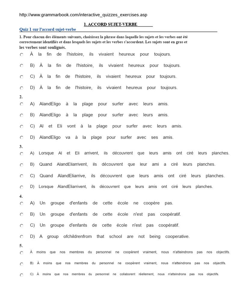 Quiz d'accord sujet-verbe en français | PDF | Nombre grammatical | Phrase