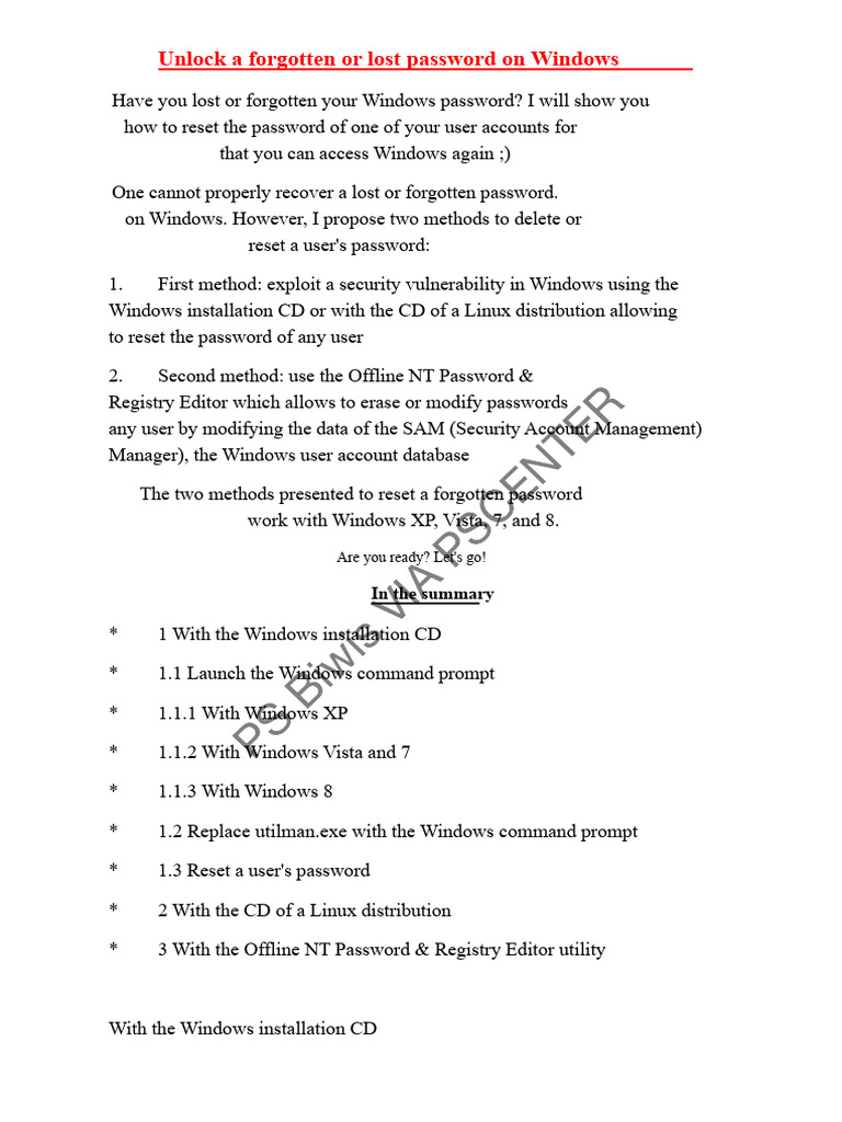 Reset Lost Windows Password Guide | PDF | Microsoft Windows | Command ...