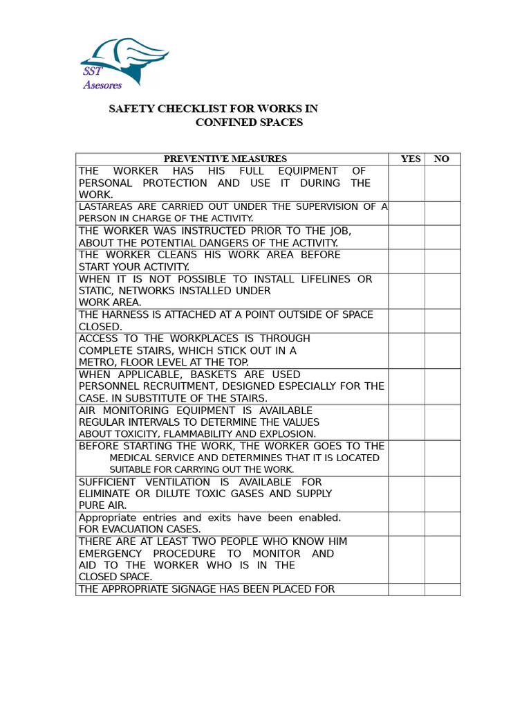 Confined Spaces Checklist | PDF