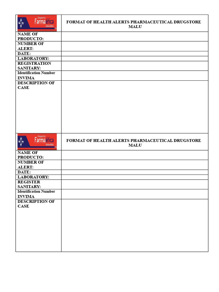 Format of Health Alerts Pharmacy Farmaetica Los Patriotas | PDF