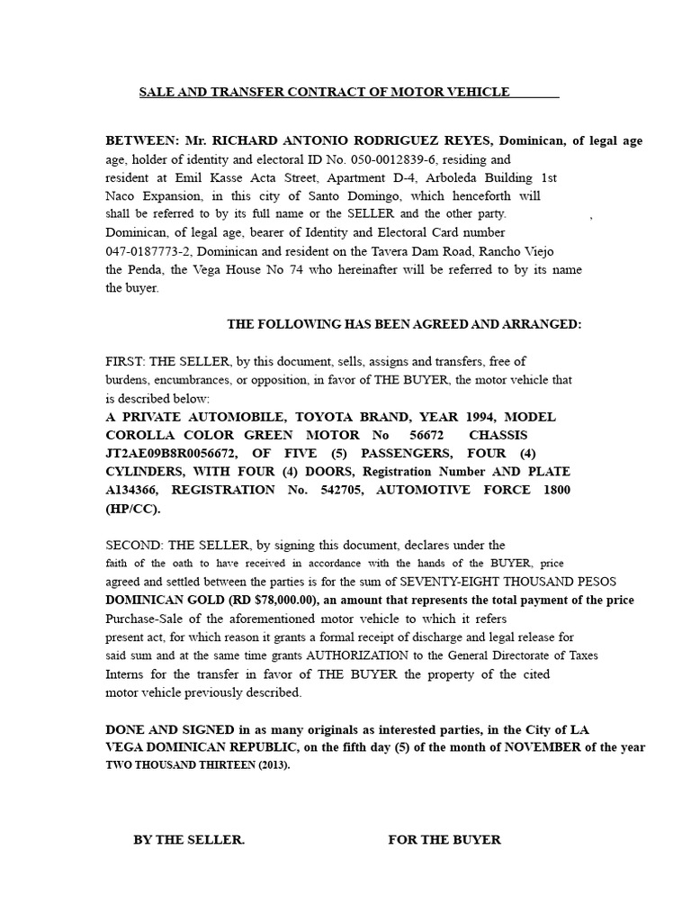 Motor Vehicle Sale Contract - Toyota Corolla | PDF | Dominican Republic ...