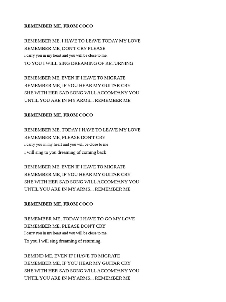 Remember Me Song Lyrics from Coco | PDF