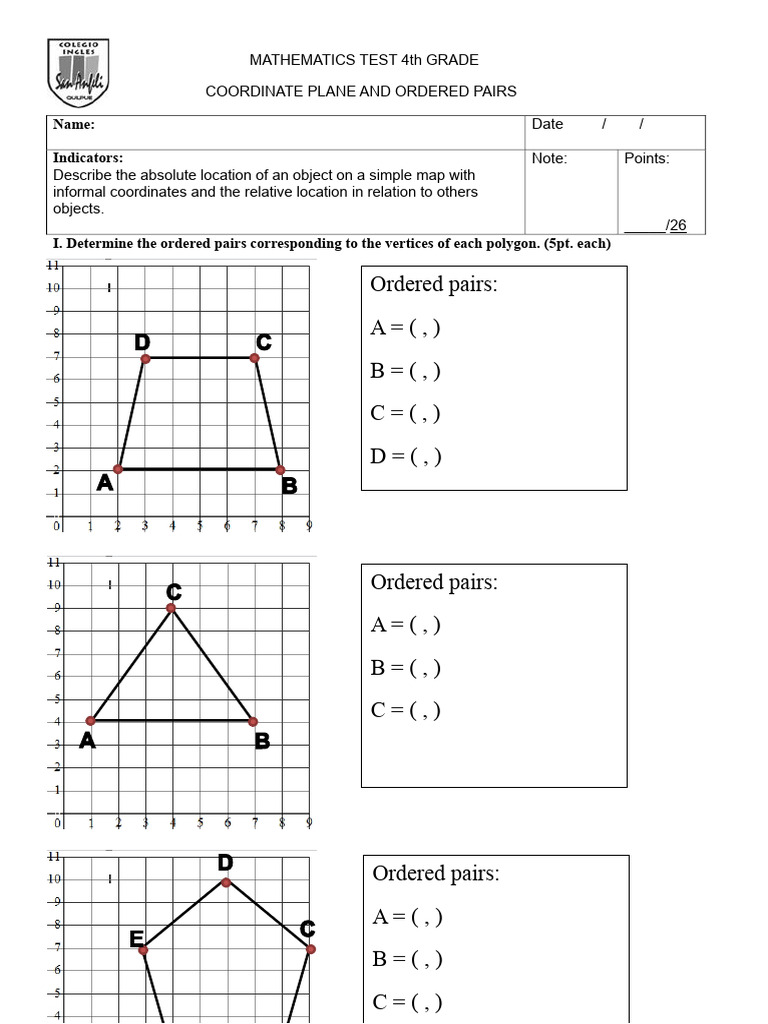 Math Test 4th Coordinate Plane and Ordered Pairs | PDF