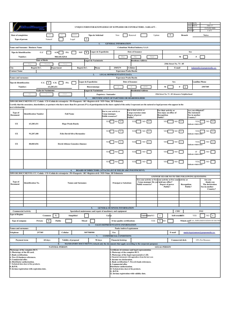 F-P-893 MD Unique Form For Provider or Contractor Knowledge - Sarlaft ...