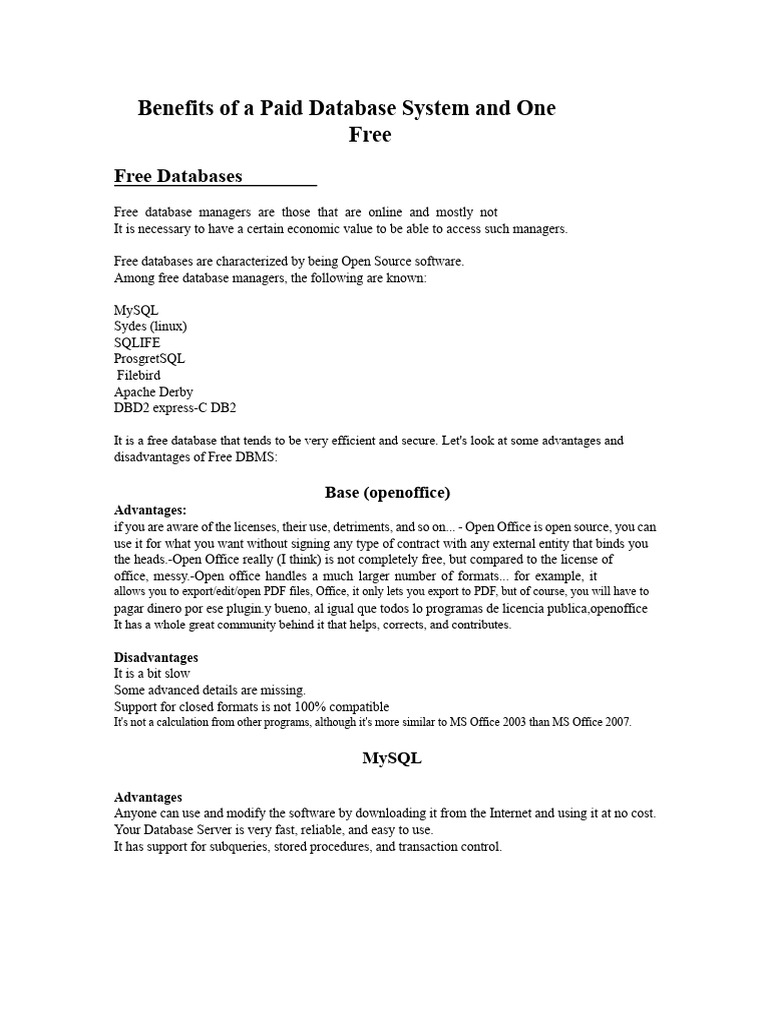 Free vs Paid Database Systems Explained | PDF | Databases | Relational ...