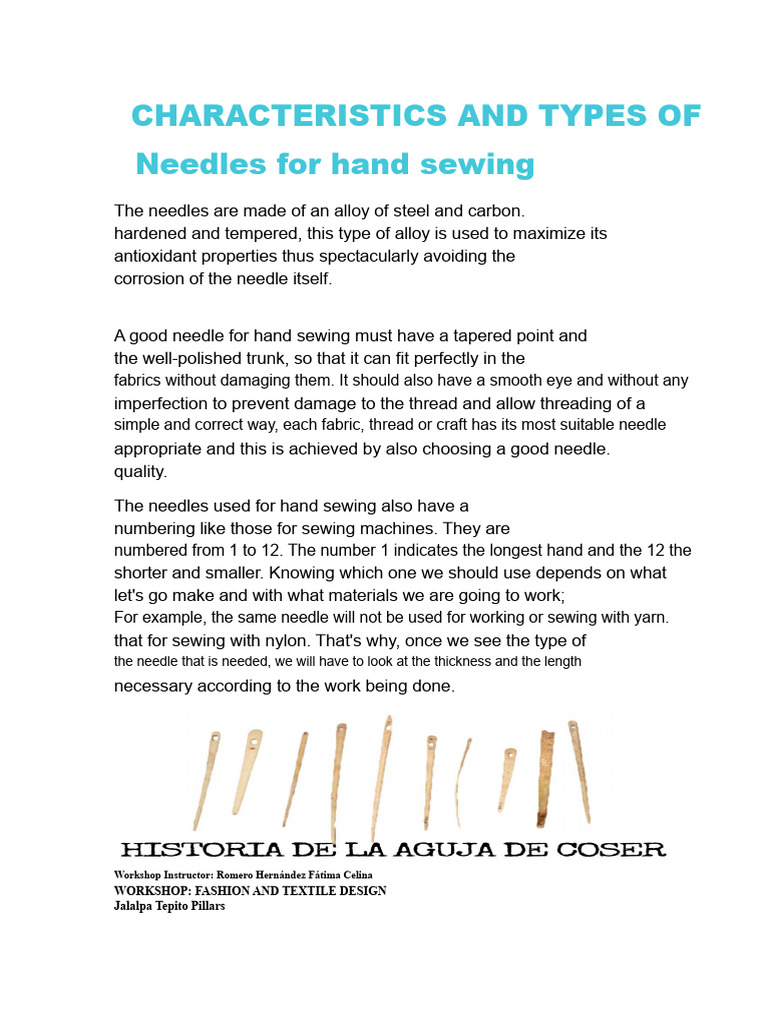 CHARACTERISTICS AND TYPES OF HAND SEWING NEEDLES | PDF | Embroidery | Sewing Needle