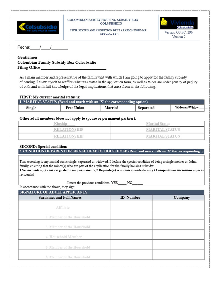 Format Declaration of Civil Status and Special Condition S.F.V | PDF ...