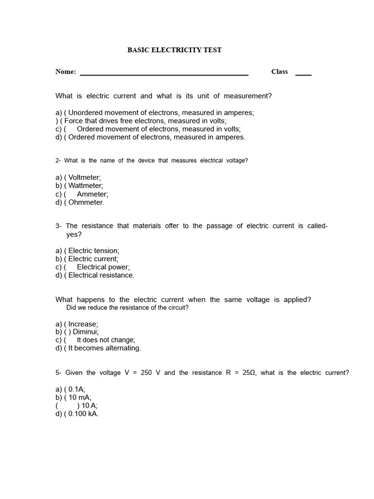 Basic Electricity Test | PDF | Voltage | Mains Electricity