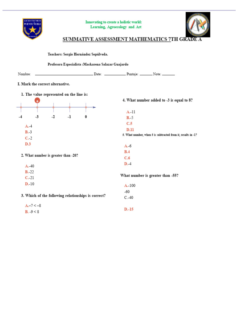 7th Grade Math Assessment Questions | PDF | Numbers | Mathematics