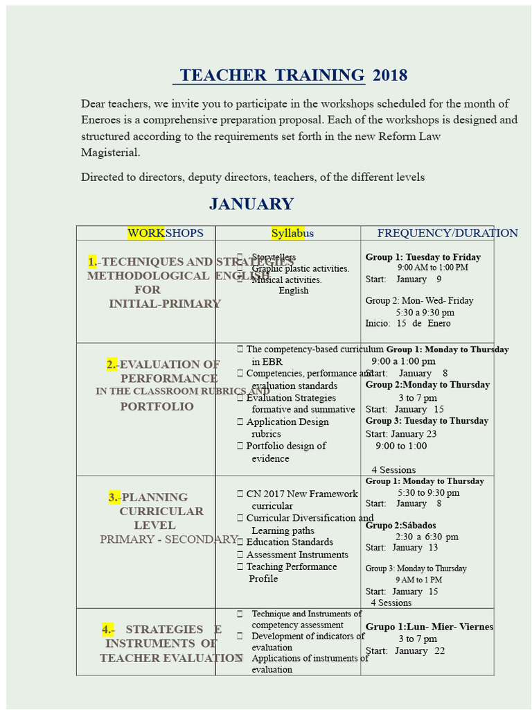 2018 Teacher Training Workshops Schedule | PDF | Curriculum | Teachers
