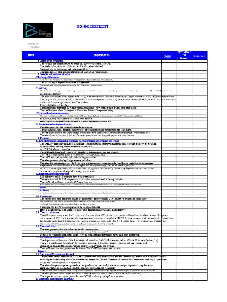 ISO 45001 Check List CBC | PDF | Occupational Safety And Health | Risk