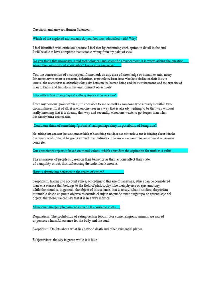 Questions and Answers Human Sciences | PDF | Knowledge | Skepticism