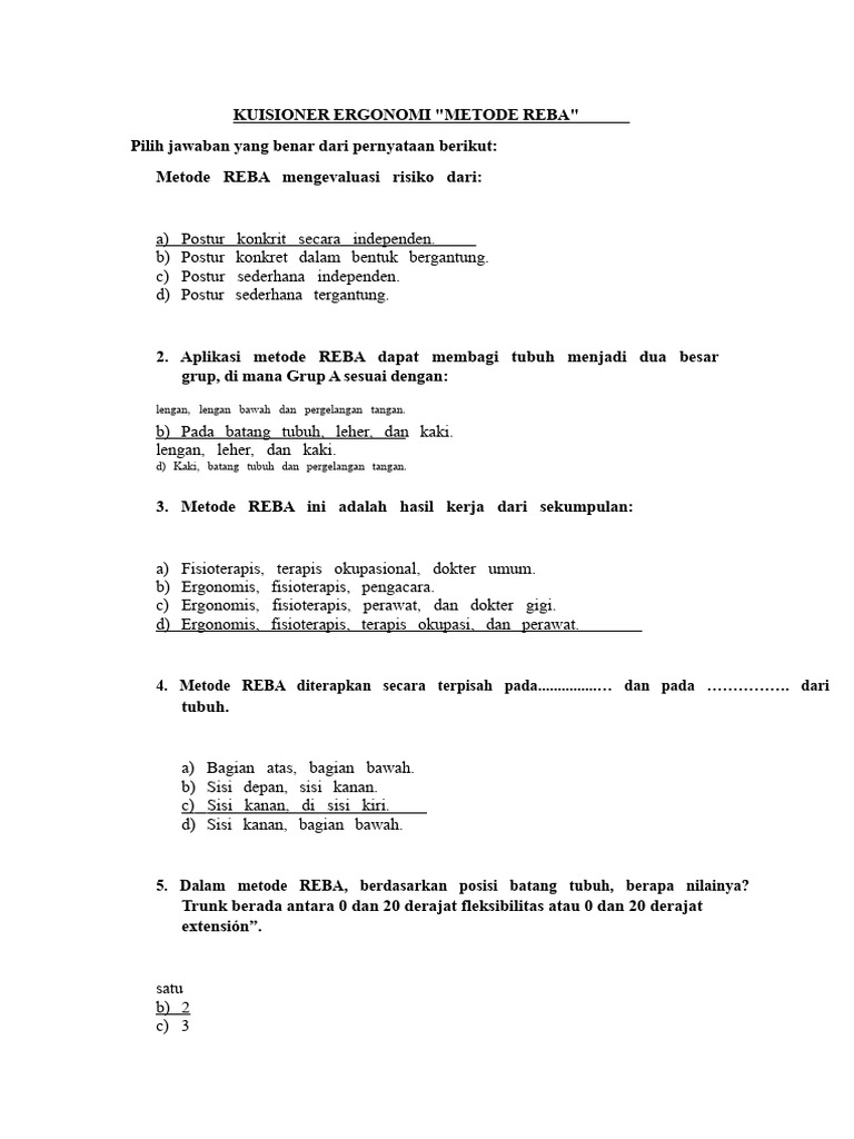 Kuisioner Metode REBA untuk Evaluasi Ergonomi | PDF