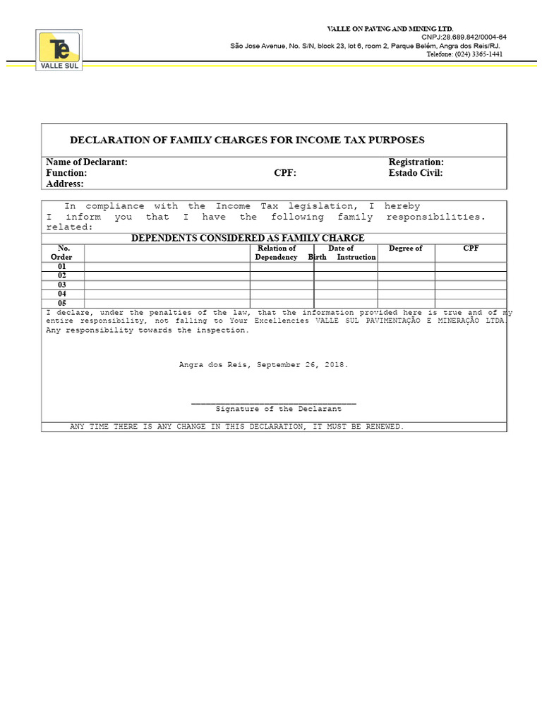 Family Expense Declaration For Income Tax Purposes | PDF