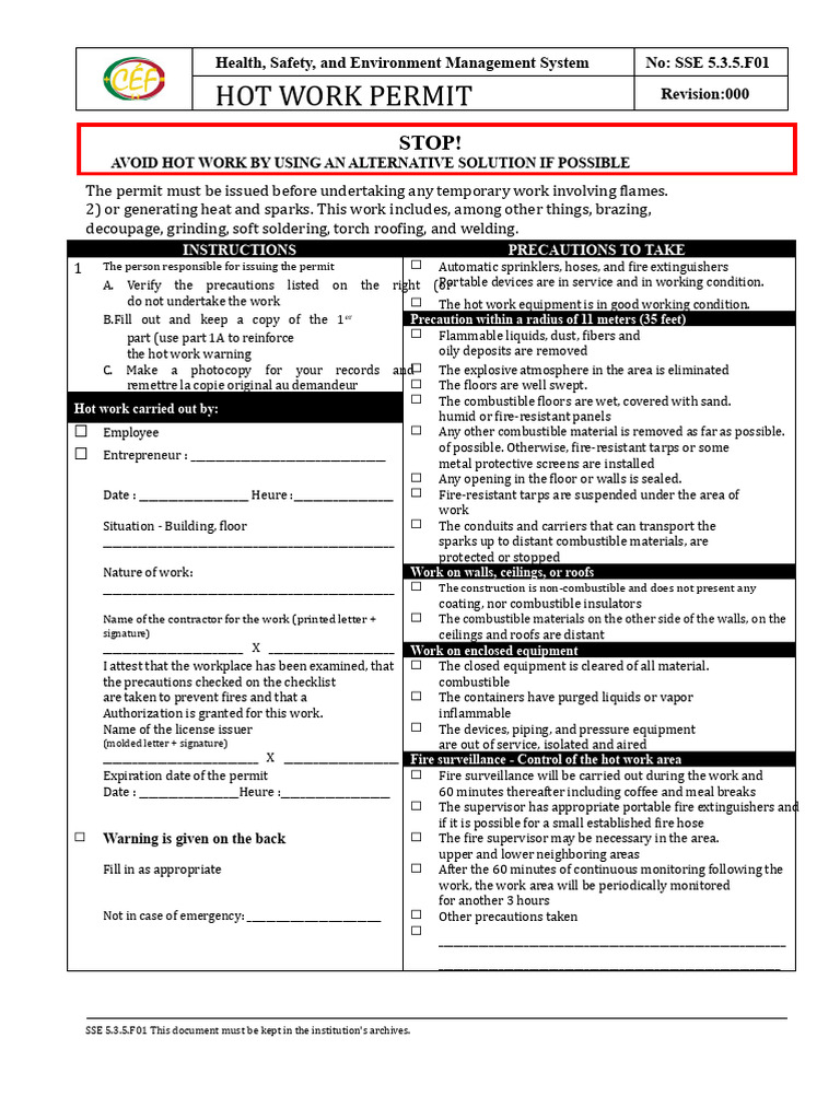 SSE5.3.5.F01-Hot Work Permit-120824 | PDF | Safety | Industrial Processes
