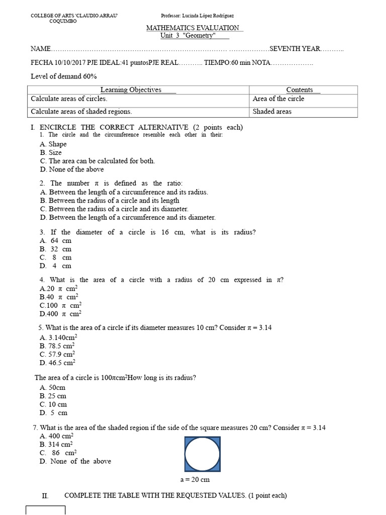 Circle and Shaded Areas 7th GRADE | PDF | Area | Circle