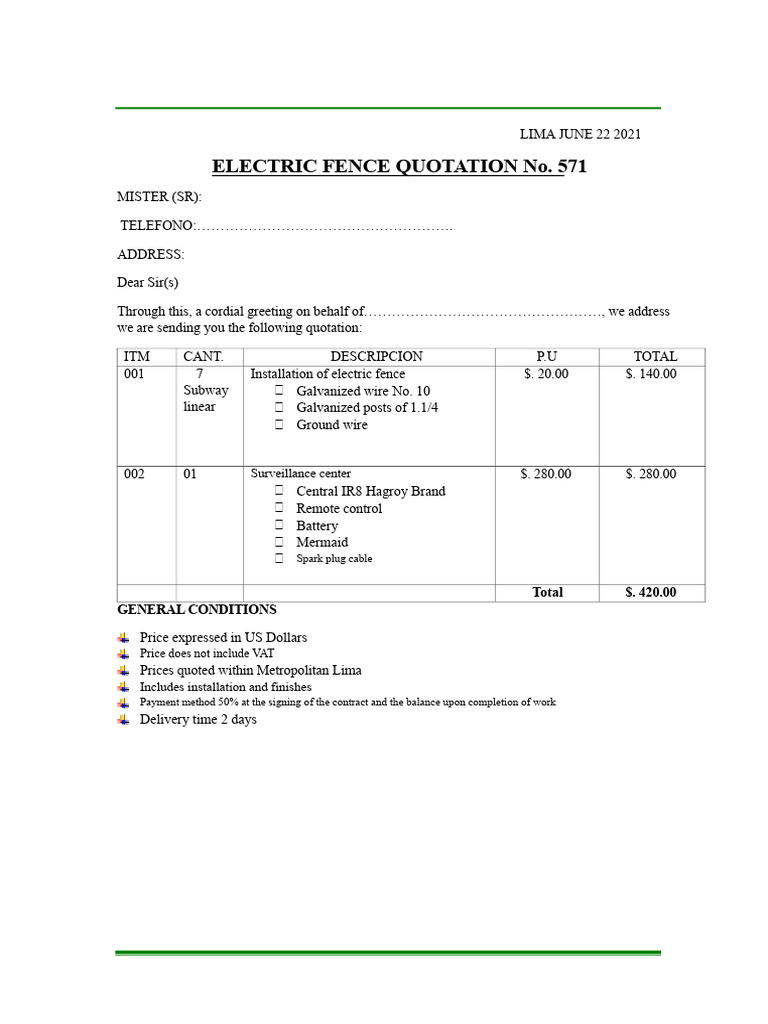 Electric Fence Quotation | PDF