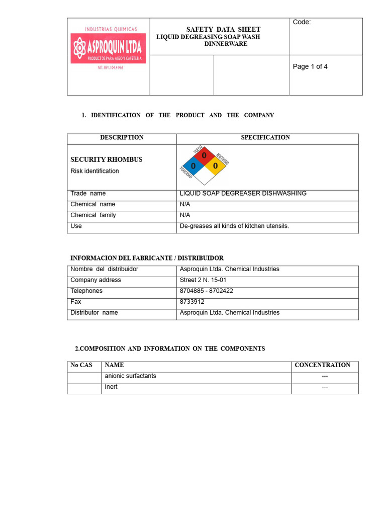 Liquid Degreasing Soap Safety Data Sheet | PDF | Hygiene | Water