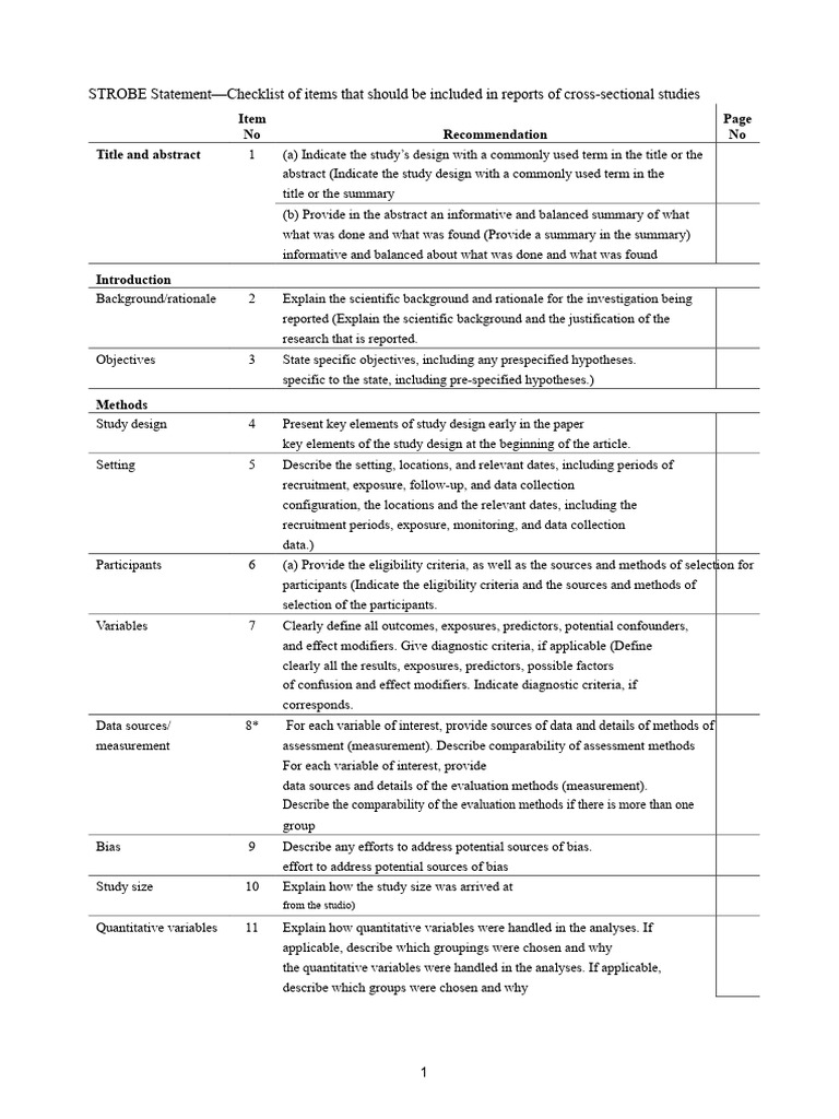 STROBE Checklist Cross-Sectional | PDF | Confounding | Dependent And Independent Variables