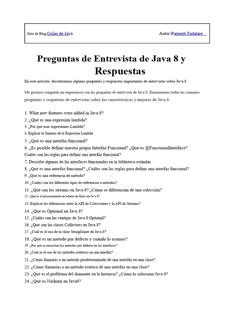 Java 8 Preguntas y Respuestas de Entrevista PDF | PDF | Java (lenguaje de programación ...