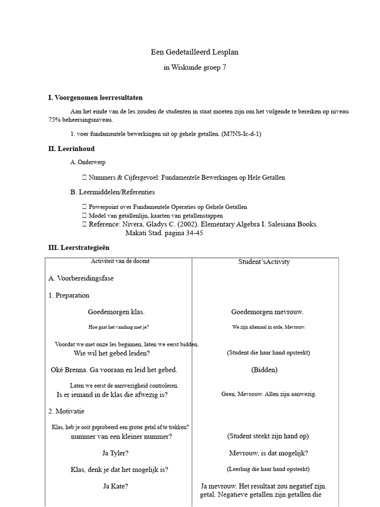 Een Gedetailleerd Lesplan-Wiskunde 7 | PDF