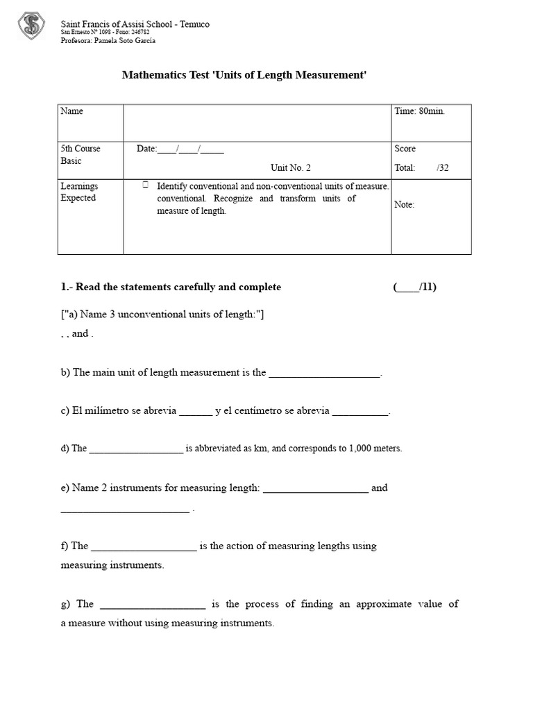 Test 5 Units of Length | PDF | Length | Mathematics
