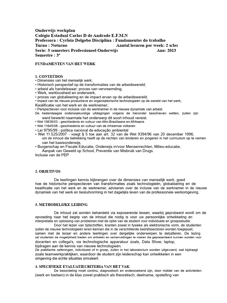Werkplan Docent Grondslagen Van Het Werk | PDF