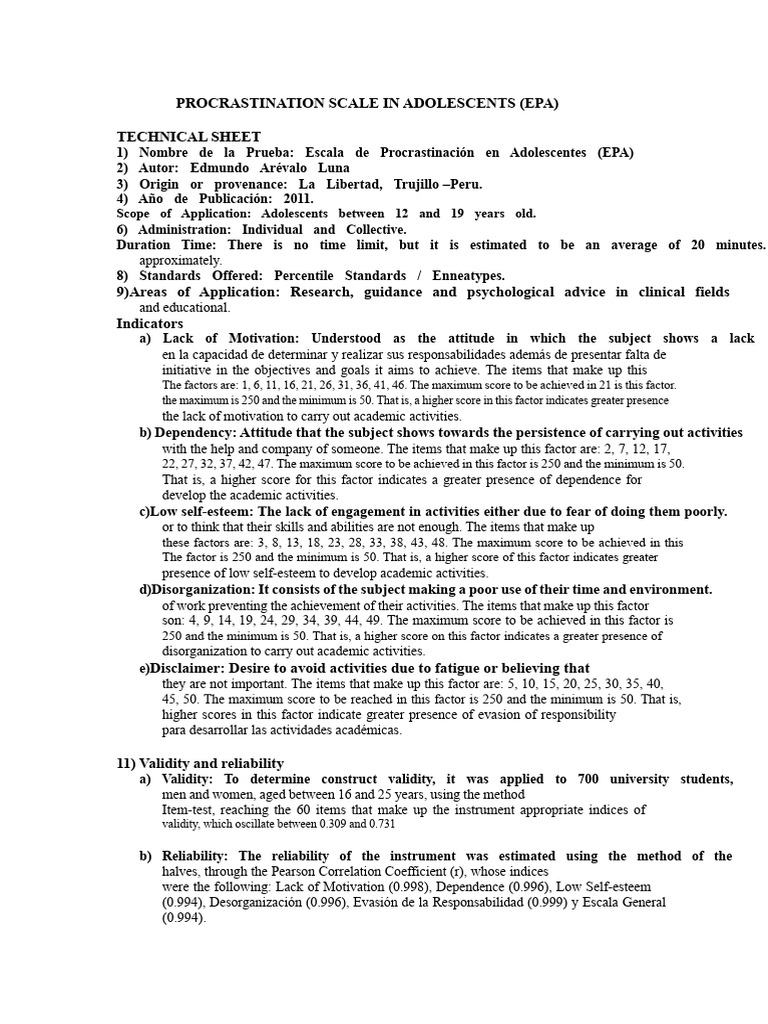 Procrastination Scale in Adolescents | PDF | Self Esteem | Procrastination
