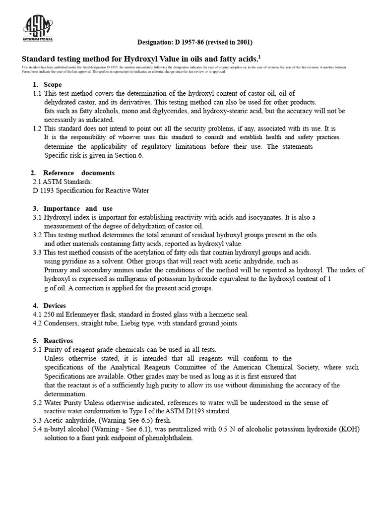 Hydroxyl Value Testing Method for Oils | PDF | Ethanol | Titration