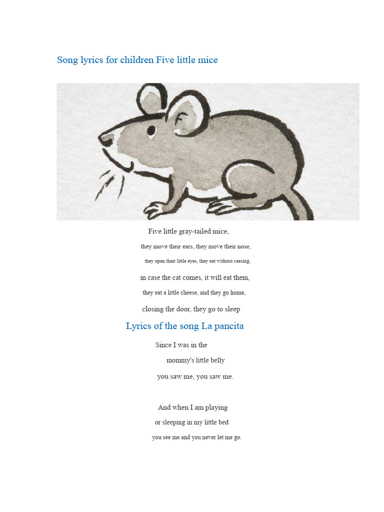 Lyrics of The Song For Children Five Little Mice | PDF