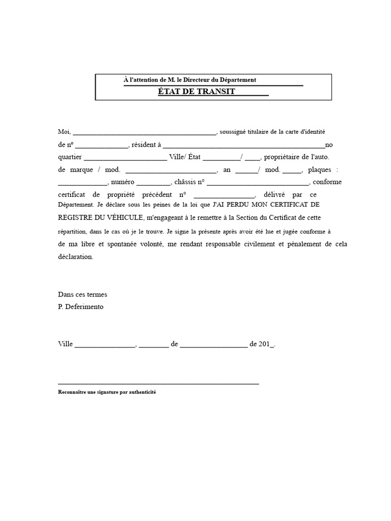 Déclaration de perte de certificat de véhicule | PDF